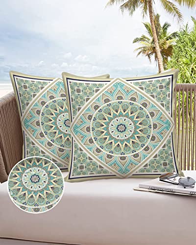 Outdoor Pillows Waterproof Pillow Covers Set of 2, Bohemian Mandala Tile Pattern Polyester Throw Pillow Covers Garden Cushion Case for Patio Funiture Sofa Decoration, 20x20inch, Boho