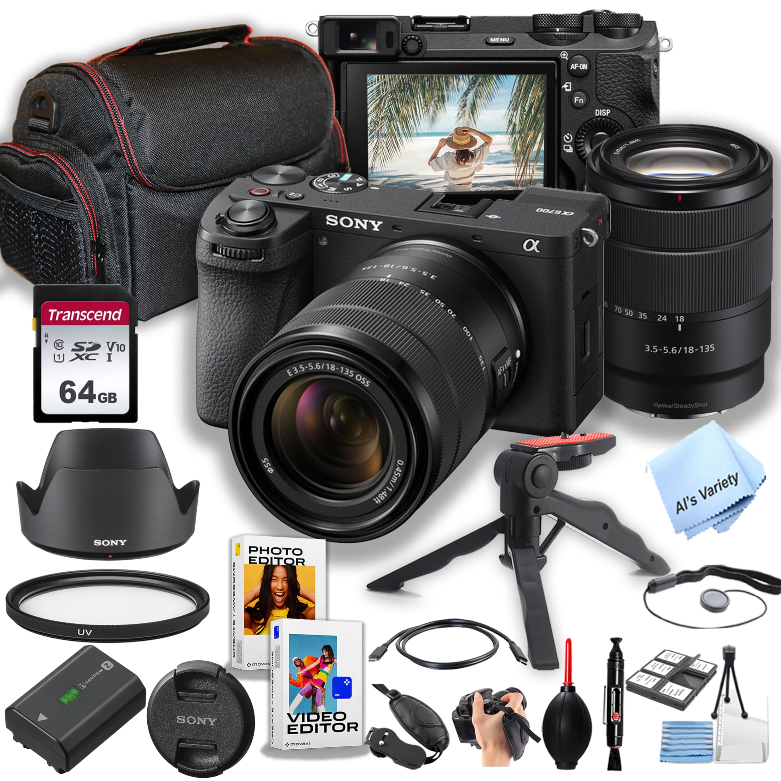 Sony a6700 Mirrorless Camera with 18-135mm Lens + 64GB Memory, Case, Gripster Tripodpod, and More (26pc Bundle) (Renewed)