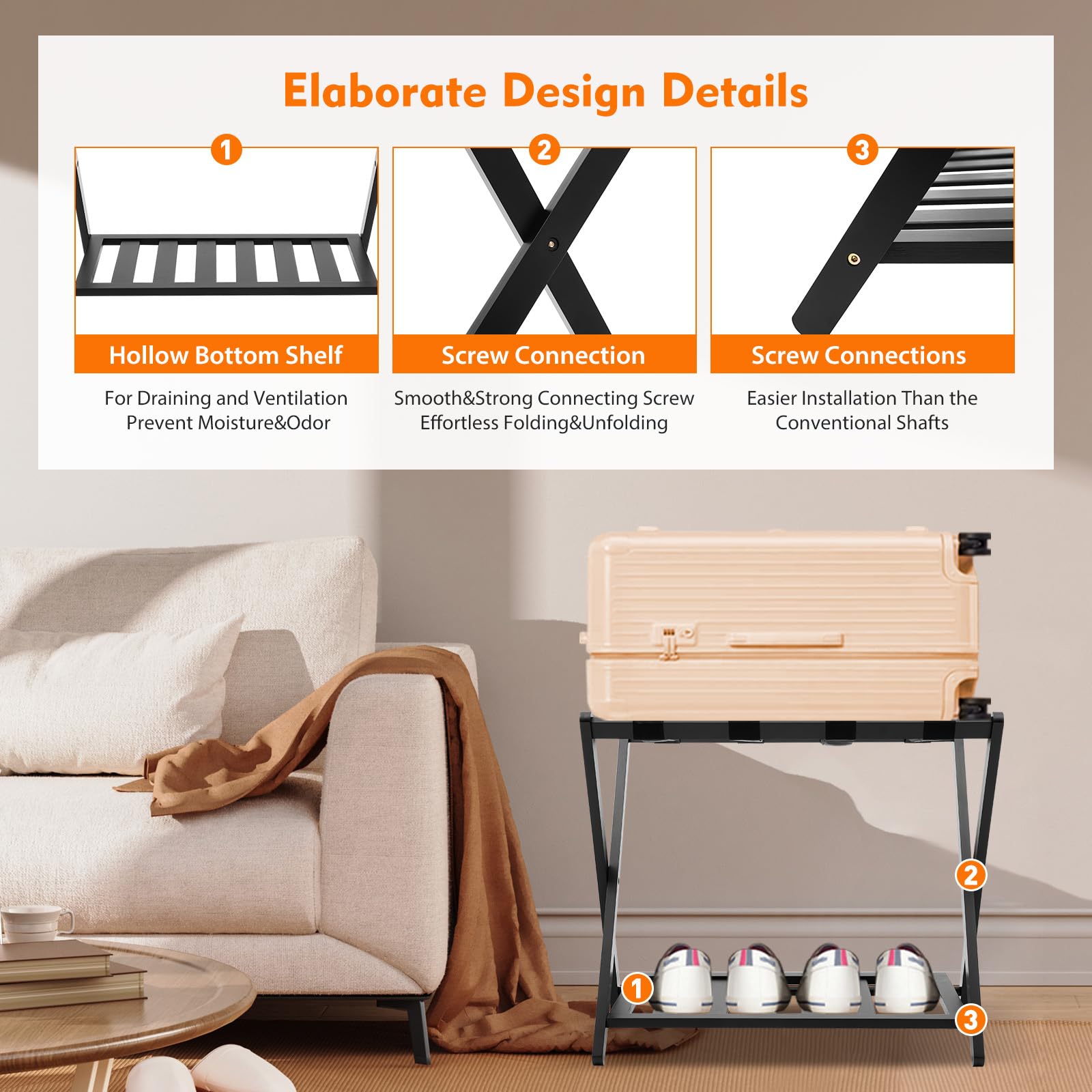 KONGKUNI 2-layer Luggage Rack for Guest Room, Foldable Suitcase Stands, Bamboo Luggage Holder with Storage Shelf, for Guest Room, Bedroom, Hotel,Holds up to 220 lb,Black