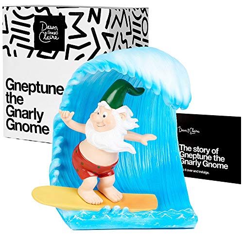 Dawn & Claire Gneptune The Gnarly Gnome Surfer Statue for Garden, Lawn, Yard, Book Shelf, Desk Beach Decoration, Unique Novelty Surfing Gift Idea
