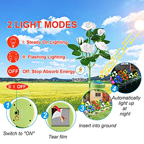 YWYWLED Solar Flower Lights Outdoor - Upgraded New Material Two Modes Realistic LED Solar Powered Waterproof Lights with 5 Roses, Solar Decorative Stake Lights for Garden (White, 1 Pack)