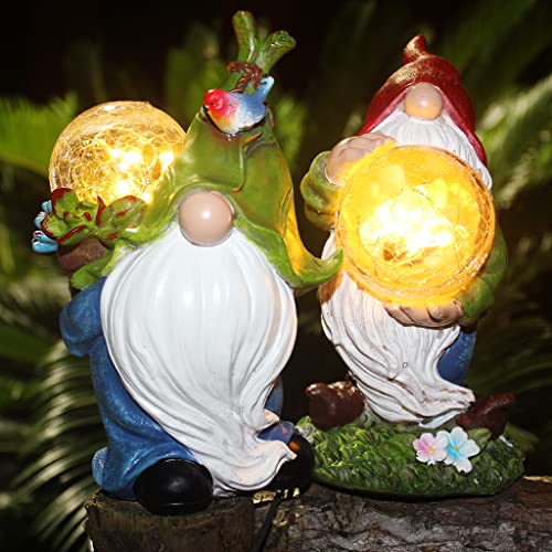 Garden Gnomes Statues set of 2 Yard Stakes, Resin Gnome Figurine with Solar LED Lights Indoor/Outdoor Decor, Colorful Outside Art Decorations for Yard, Balcony, Porch, Patio, Lawn, Ornament Gift