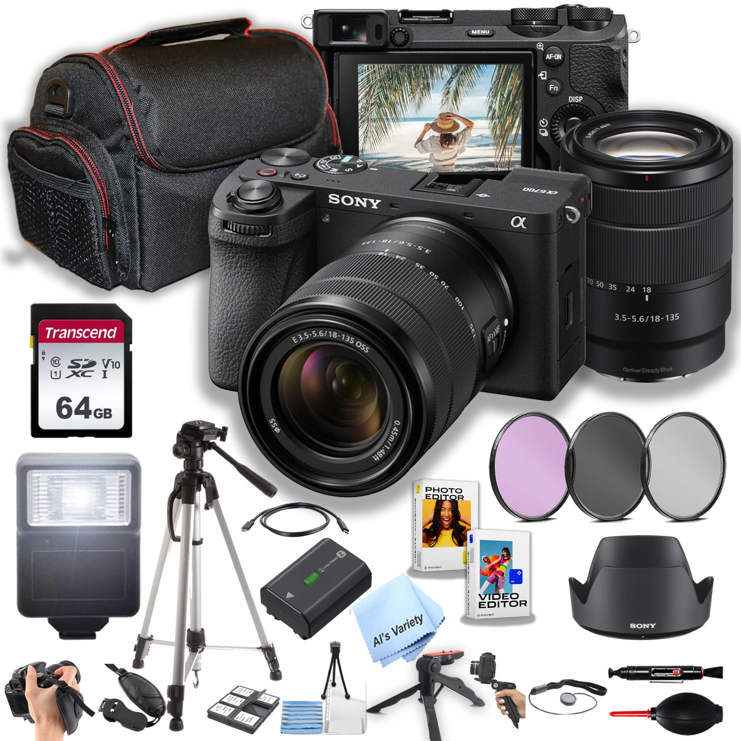 Sony a6700 Mirrorless Camera with 18-135mm Lens + 64GB Memory, Filters,Case, Tripod, Flash, and More (34pc Bundle) (Renewed)