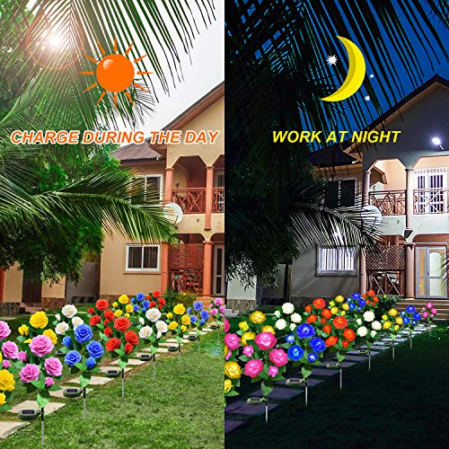 YWYWLED Solar Flower Lights Outdoor - Upgraded New Material Two Modes Realistic LED Solar Powered Waterproof Lights with 5 Roses, Solar Decorative Stake Lights for Garden (White, 1 Pack)