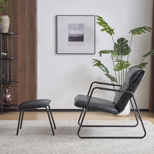 Tiophome Accent Chair and Ottoman Set, PU Leather Upholstered Comfy Side Leisure Lounge Armchair with Metal Frame & Lattice Back, Footstool for Living Room, Black, Extra Large