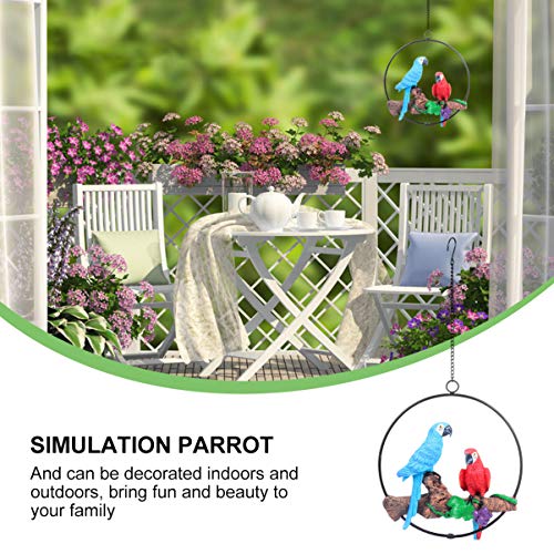 YARNOW Patio Home Garden Hanging Macaw Parrot Perching on Branch in Metal Round Ring Figurine Sculpture Nature Lovers Tropical Bird Collectors Decor Red Blue