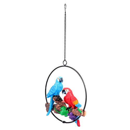 YARNOW Patio Home Garden Hanging Macaw Parrot Perching on Branch in Metal Round Ring Figurine Sculpture Nature Lovers Tropical Bird Collectors Decor Red Blue