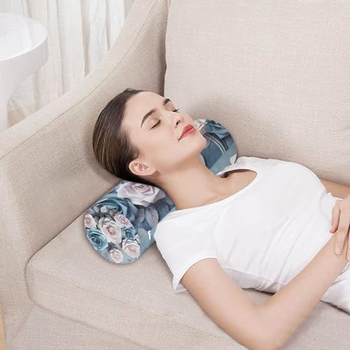 xigua Blue and White Roses Neck Roll Pillow for Neck Relief with Removable Washable Cover - Memory Foam Round Cylinder Bolster, Ergonomically Designed for Head, Neck, Back, and Legs