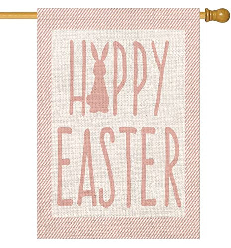 Easternproject Happy Easter Rabbit House Flag Double Sided Pink White Stripes Easter Bunny Burlap Garden Flags Spring Rustic Farmhouse Yard Outdoor Decoration 28x40 Inch