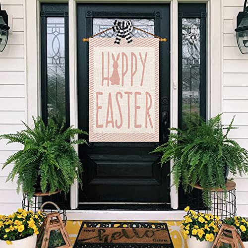 Easternproject Happy Easter Rabbit House Flag Double Sided Pink White Stripes Easter Bunny BurlapĀ Garden Flags Spring Rustic Farmhouse Yard Outdoor Decoration 28x40 Inch