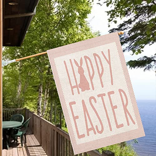 Easternproject Happy Easter Rabbit House Flag Double Sided Pink White Stripes Easter Bunny BurlapĀ Garden Flags Spring Rustic Farmhouse Yard Outdoor Decoration 28x40 Inch