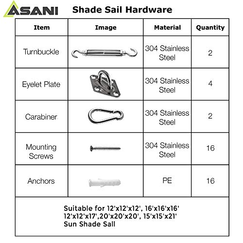 Asani Rectangle Sun Shade Sail Mounting Kit | Patio Cover, Outdoor Sunshade Canopy | Weather Resistant Metal Hardware | Covering for Deck, Garden, Porch, Backyard (Mounting Hardware)