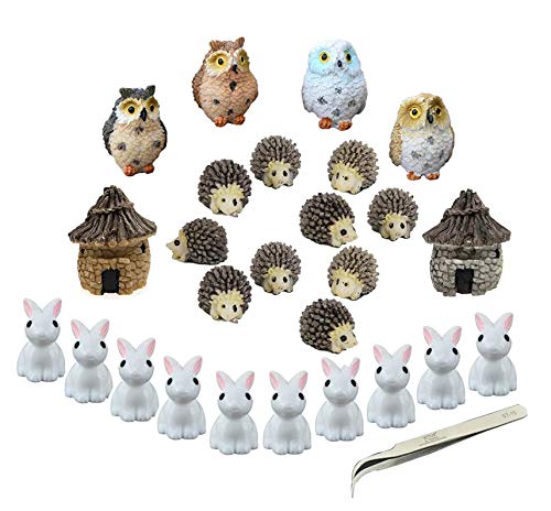 Fashionclubs Miniature Garden Ornaments, 24pcs Miniature Ornaments Kit Set Fairy Garden Figurines Accessories for DIY Dollhouse Plant Pot Decoration,with 1pcs Tweezer