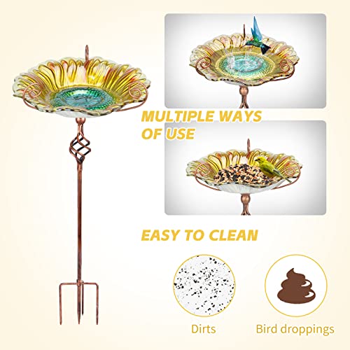 Bird Baths for Outdoors, Glass Birdbaths Outdoor Garden Birdfeeder with Metal Stake Yellow (Height:31inch)