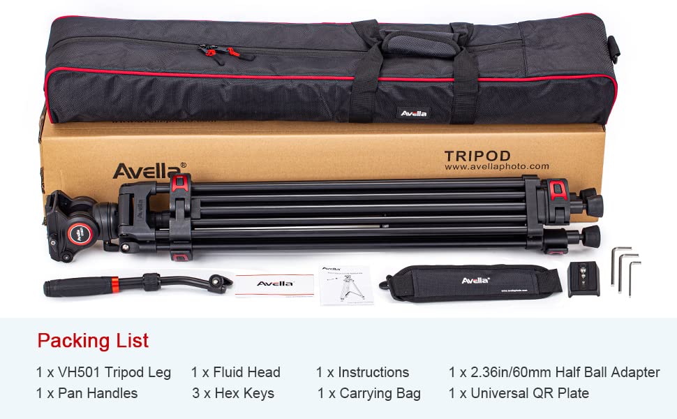 Avella VH501 Video Tripod System,72 inch Professional Heavy Duty Aluminum Tripod, with Detachable Fluid Drag Pan Tilt Head Max Loading 13.2 LB, for Canon Nikon Sony Olympus Panasonic DSLR Camcorder
