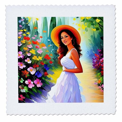3dRose Smiling Young Woman in a Yellow hat on The Garden Alley. Cool... - Quilt Squares (qs-379131-5)
