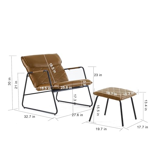 Penifun Accent Chair and Ottoman Set, PU Leather Upholstered Comfy Side Leisure Lounge Armchair with Metal Frame & Lattice Back, Footstool for Living Room, Orange