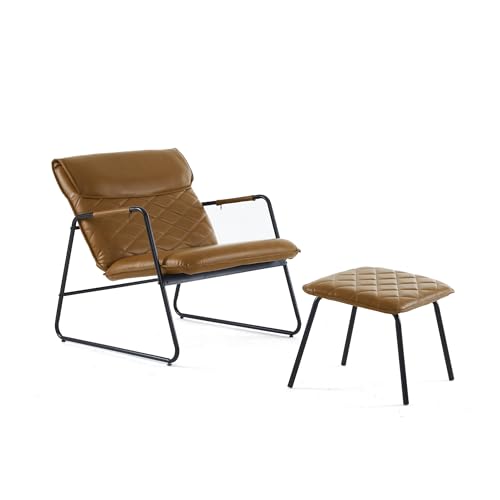 Penifun Accent Chair and Ottoman Set, PU Leather Upholstered Comfy Side Leisure Lounge Armchair with Metal Frame & Lattice Back, Footstool for Living Room, Orange