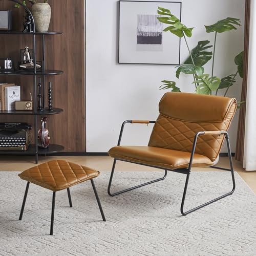 Penifun Accent Chair and Ottoman Set, PU Leather Upholstered Comfy Side Leisure Lounge Armchair with Metal Frame & Lattice Back, Footstool for Living Room, Orange