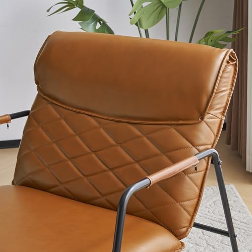 Penifun Accent Chair and Ottoman Set, PU Leather Upholstered Comfy Side Leisure Lounge Armchair with Metal Frame & Lattice Back, Footstool for Living Room, Orange