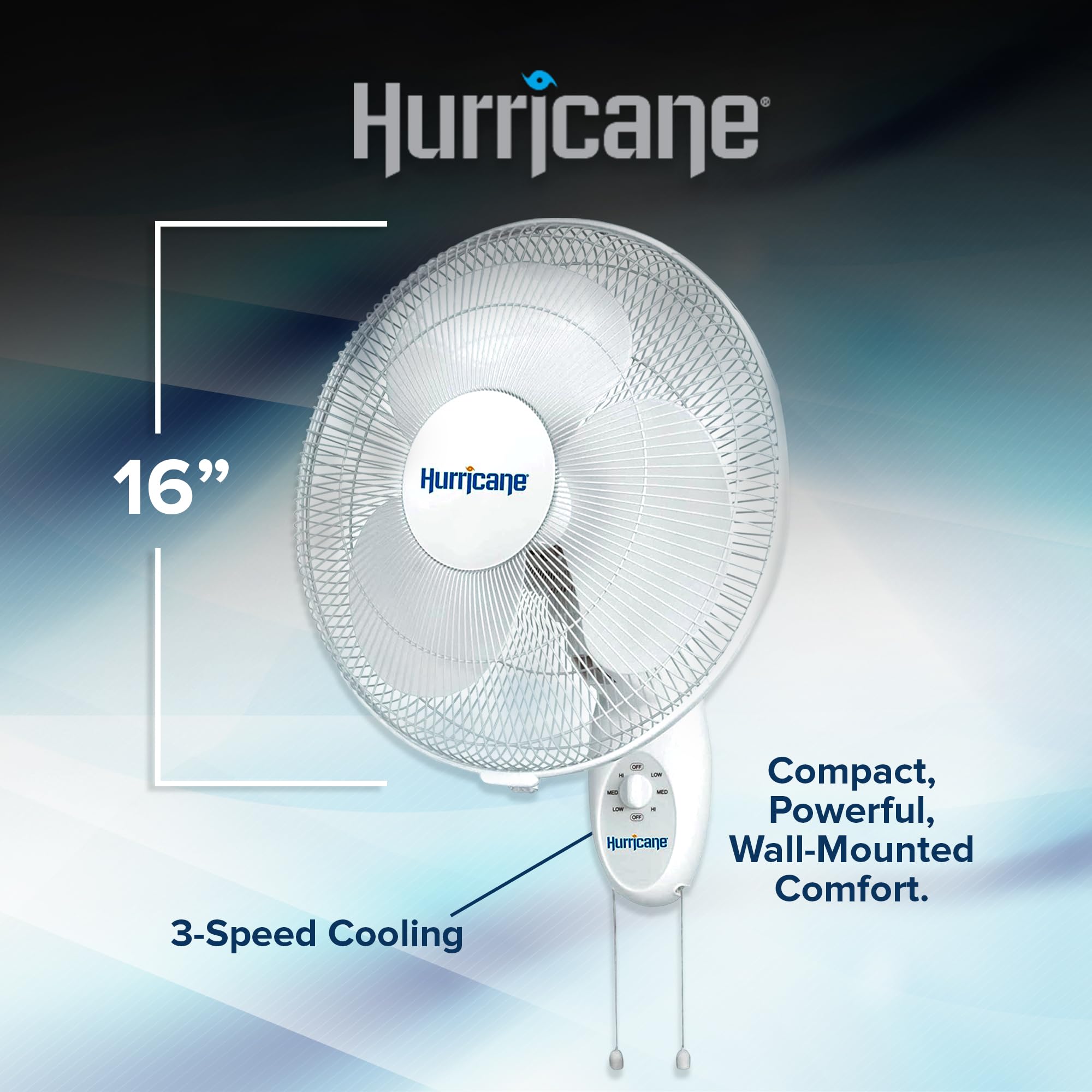 Hurricane Wall Mount Fan - 16 Inch, Supreme Series, Wall Fan with 90 Degree Oscillation, 3 Speed Settings, Adjustable Tilt - ETL Listed, White