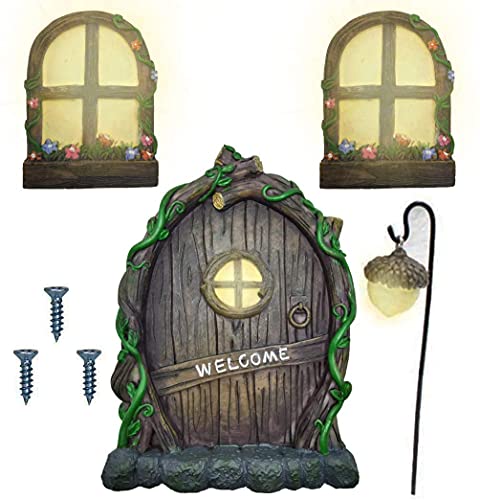 MasGo Fairy Garden Door Fairy Windows for Trees Glow in The Dark Yard Art Sculpture Decoration for Outdoor Miniature Fairy Garden Decor Accessories with Bonus Fairy Lantern