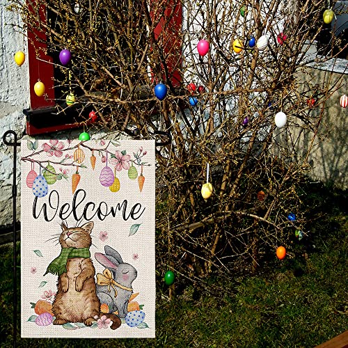 CROWNED BEAUTY Easter Garden Flag 12×18 Inch Double Sided Cat Bunny under Egg Tree Welcome Outside Vertical Small Holiday Yard Decoration
