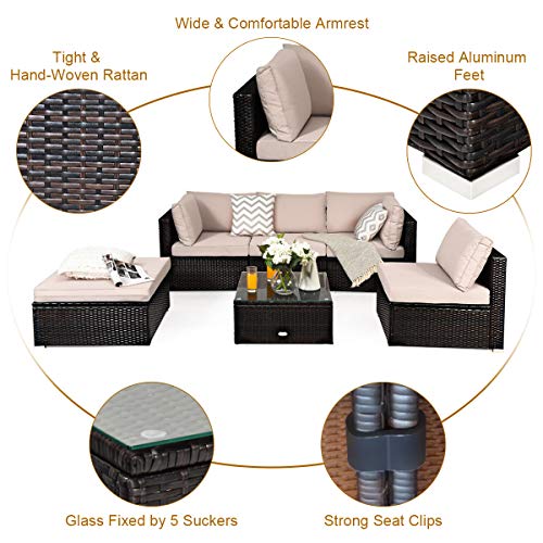 Tangkula 6 Piece Patio Furniture Set, Outdoor Deck Lawn Backyard Durable Steel Frame PE Rattan Wicker Sectional Sofa Set, Conversation Set with Coffee Table (Beige)