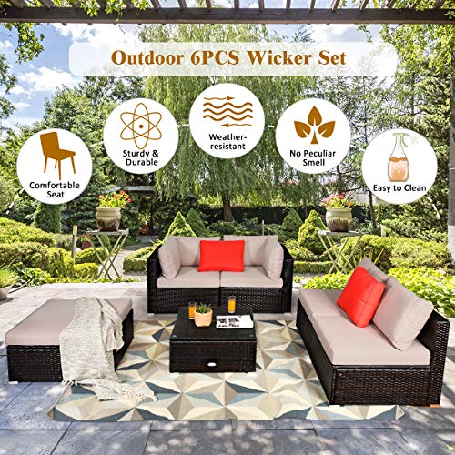 Tangkula 6 Piece Patio Furniture Set, Outdoor Deck Lawn Backyard Durable Steel Frame PE Rattan Wicker Sectional Sofa Set, Conversation Set with Coffee Table (Beige)