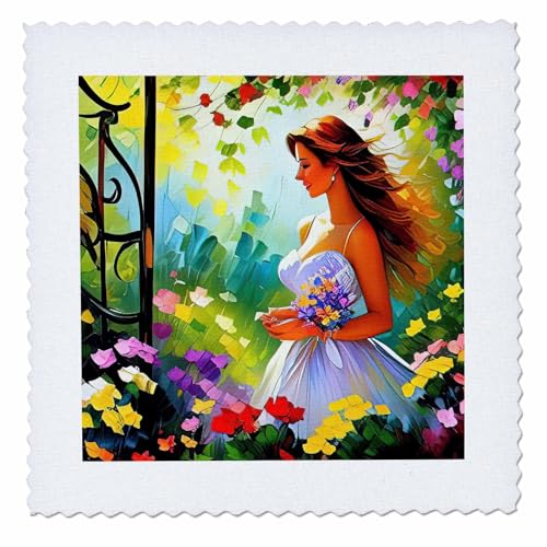 3dRose Smiling Young Lady with a Bunch of Flowers in The Garden. Cool... - Quilt Squares (qs-379109-5)