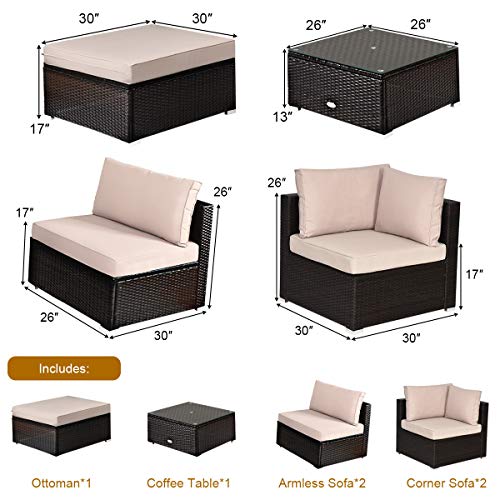 Tangkula 6 Piece Patio Furniture Set, Outdoor Deck Lawn Backyard Durable Steel Frame PE Rattan Wicker Sectional Sofa Set, Conversation Set with Coffee Table (Beige)