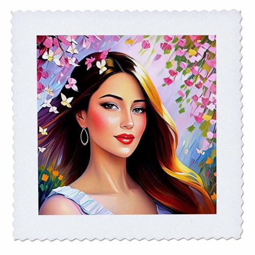 3dRose Good-Looking Young Woman in The Garden, Pink Sakura Flowers... - Quilt Squares (qs-379133-5)