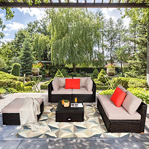 Tangkula 6 Piece Patio Furniture Set, Outdoor Deck Lawn Backyard Durable Steel Frame PE Rattan Wicker Sectional Sofa Set, Conversation Set with Coffee Table (Beige)