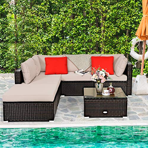 Tangkula 6 Piece Patio Furniture Set, Outdoor Deck Lawn Backyard Durable Steel Frame PE Rattan Wicker Sectional Sofa Set, Conversation Set with Coffee Table (Beige)