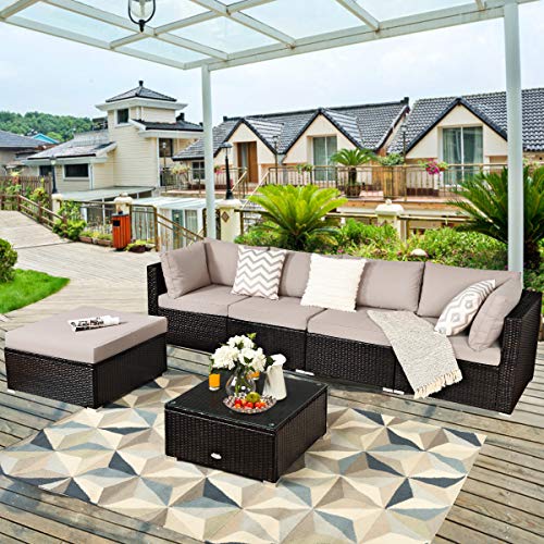 Tangkula 6 Piece Patio Furniture Set, Outdoor Deck Lawn Backyard Durable Steel Frame PE Rattan Wicker Sectional Sofa Set, Conversation Set with Coffee Table (Beige)
