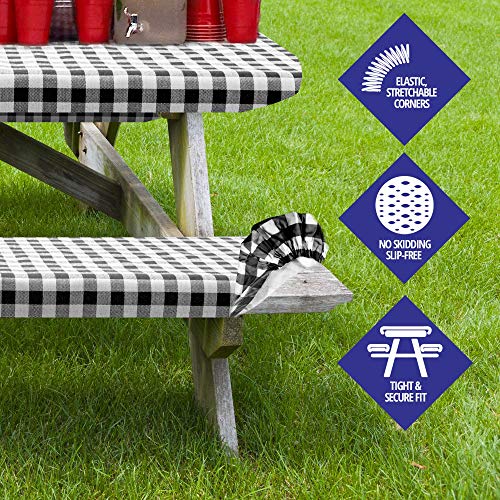Sorfey Vinyl Picnic Table and Bench Fitted Tablecloth Cover, Checkered Design, Flannel Backed Lining, 30 x 72 Inch, 3-Piece Set, Black
