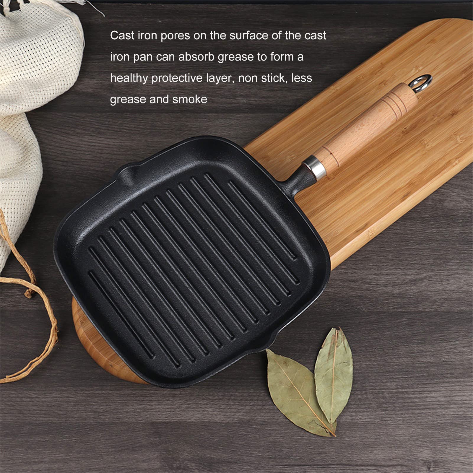 Cast Iron Grill Pan,Grill Pan,Multipurpose Prevents Stick Quadrate Cast Iron Steak Pan with Easy Grease Drain Spout with Wooden Handle for Bacon Steak Onion