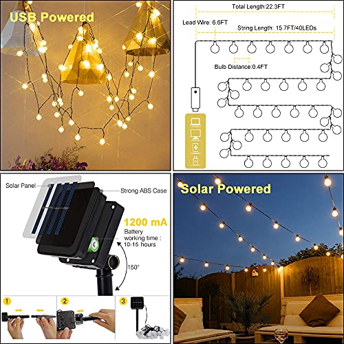 YZIXNUY Warm White Outdoor String Lights Solar/USB Powered, 22.3FT 40 LED Crystal Globe Fairy Lights with 8 Lighting Modes for Indoor Outside Garden Backyard Party Wedding (Warm White)…