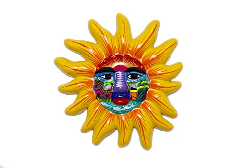 Yellow Hand Painted Authentic Mexican Sun and Moon Wall Decor, Patio Wall Decorations, Summer Wall Ceramic Decor, Moon Decor, Mexican Art for Home and Garden, Outdoor Wall Art 12 inches