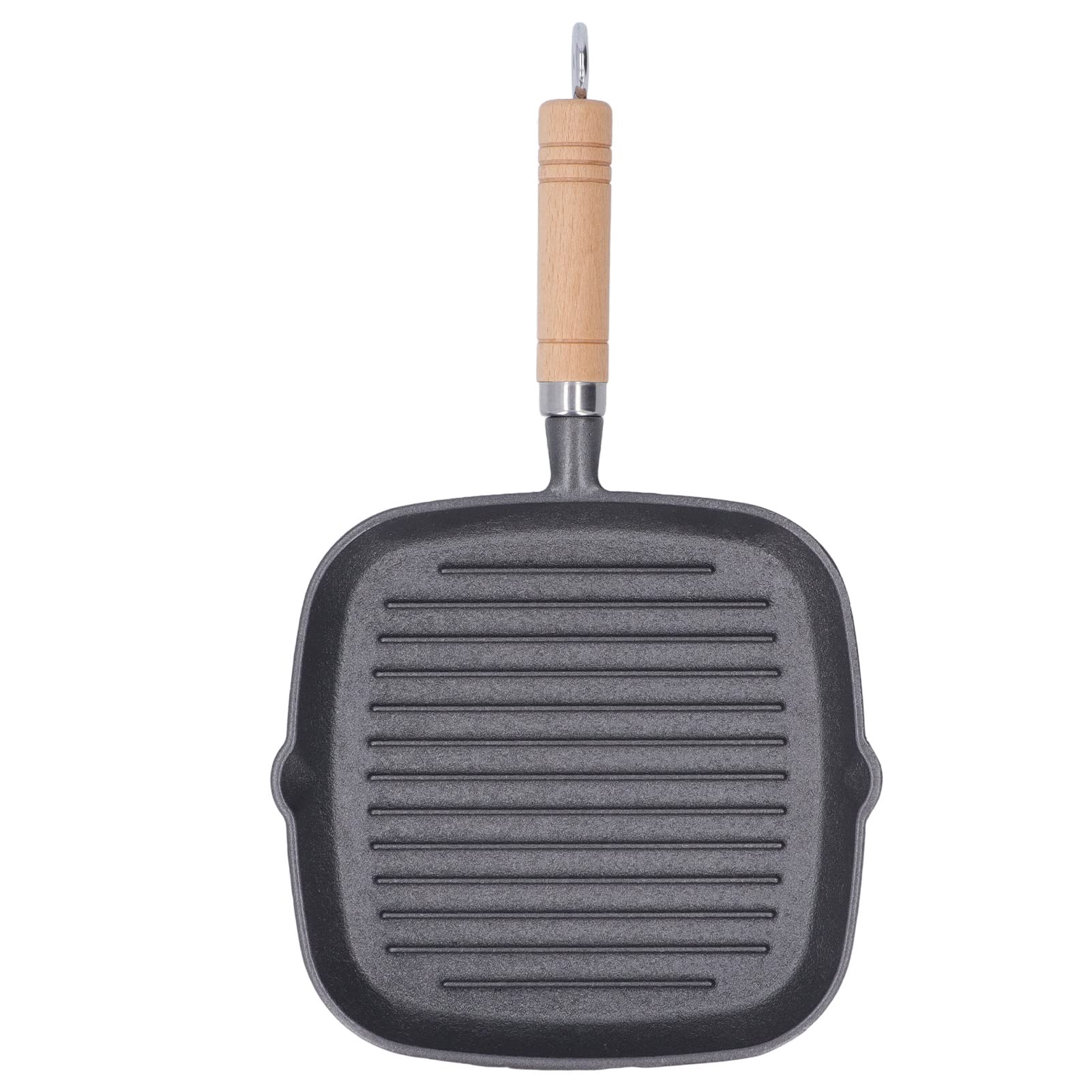 Cast Iron Grill Pan,Grill Pan,Multipurpose Prevents Stick Quadrate Cast Iron Steak Pan with Easy Grease Drain Spout with Wooden Handle for Bacon Steak Onion