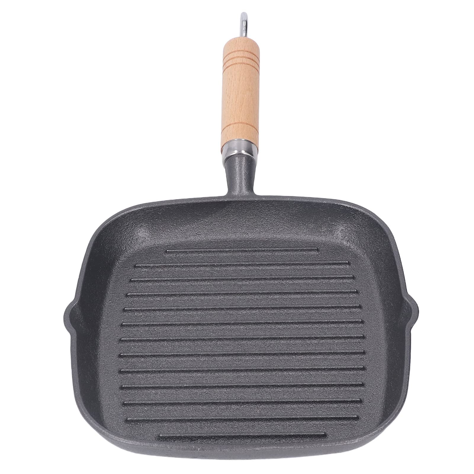 Cast Iron Grill Pan,Grill Pan,Multipurpose Prevents Stick Quadrate Cast Iron Steak Pan with Easy Grease Drain Spout with Wooden Handle for Bacon Steak Onion