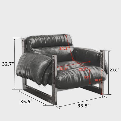 TXFTRR Black Leather Accent Chair, Cozy Reading Nook Chair with Upholstered Backrest and Adjustable Cushion Angle, Leather Arm Chair with Wood Frame, Mid Century Accent Chair for Living Room