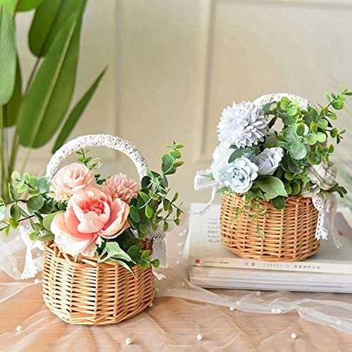 Rattan Flower Girl Hand Basket for Wedding Picnic, Retro Hand Woven Basket with Handle for Home Garden Decor(S)