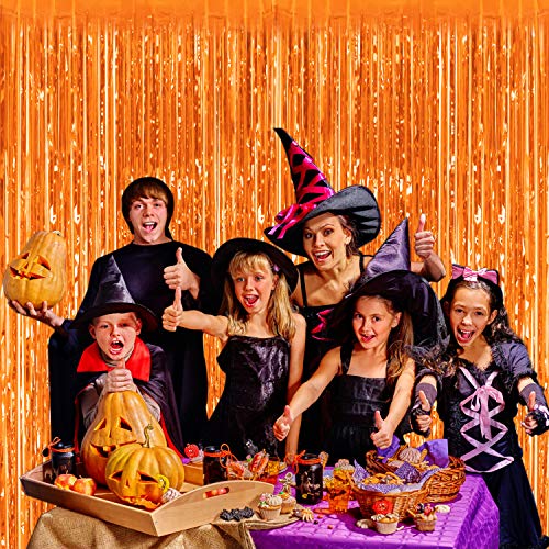 Tifeson 3PCS Thanksgiving Orange Fringe Curtain Party Backdrop for Halloween Party Decorations, Fall Thanksgiving Decorations, Birthday Party Decorations (3.2 x 8.3 ft)