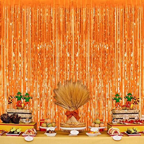 Tifeson 3PCS Thanksgiving Orange Fringe Curtain Party Backdrop for Halloween Party Decorations, Fall Thanksgiving Decorations, Birthday Party Decorations (3.2 x 8.3 ft)