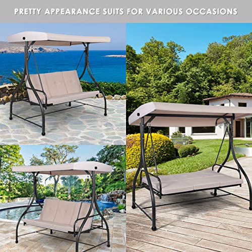 Tangkula 3 Seats Converting Patio Swing, Outdoor Porch Garden Canopy Swing with Comfortable Cushion Seats & Adjustable Tilt Canopy, Heavy Duty Hammock 3 Persons Porch Swing (Beige)