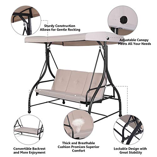 Tangkula 3 Seats Converting Patio Swing, Outdoor Porch Garden Canopy Swing with Comfortable Cushion Seats & Adjustable Tilt Canopy, Heavy Duty Hammock 3 Persons Porch Swing (Beige)