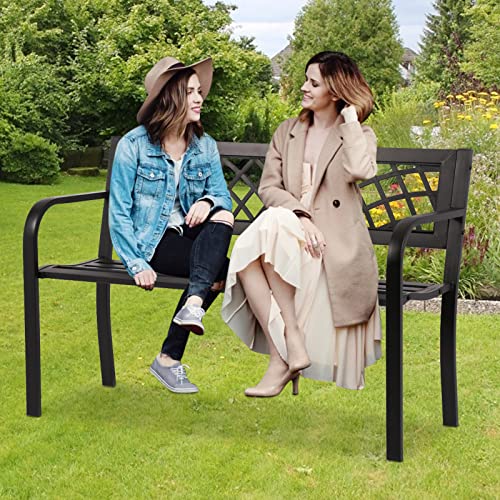 Qxznby Garden Bench Outdoor Bench Cast Iron Bench,Metal Outdoor Bench with Armrests,Outdoor Benches Clearance Sturdy Steel Frame Front Porch Bench for Park Yard Lawn Deck Entryway(Black)