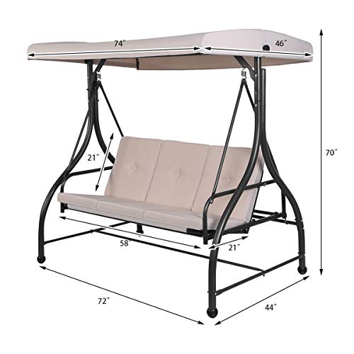 Tangkula 3 Seats Converting Patio Swing, Outdoor Porch Garden Canopy Swing with Comfortable Cushion Seats & Adjustable Tilt Canopy, Heavy Duty Hammock 3 Persons Porch Swing (Beige)