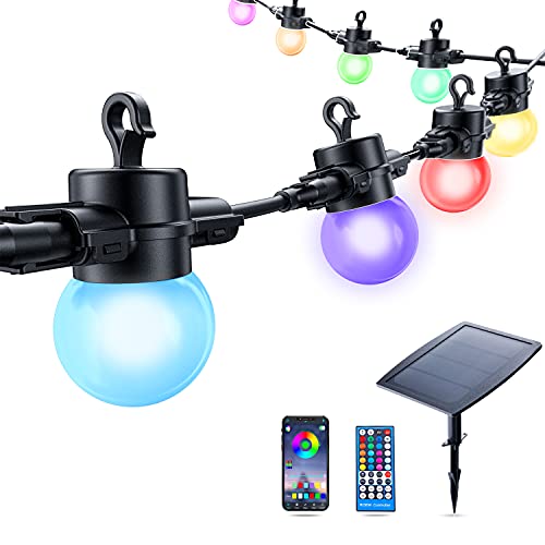 Elrigs Outdoor Solar String Lights Waterproof, 36FT Music Sync Color Changing Garden Lighting, IP65 Extensible Decor Light for Patio, Backyard, 12xG45 Shatterproof LED RGBW Bulbs, Remote + App Control